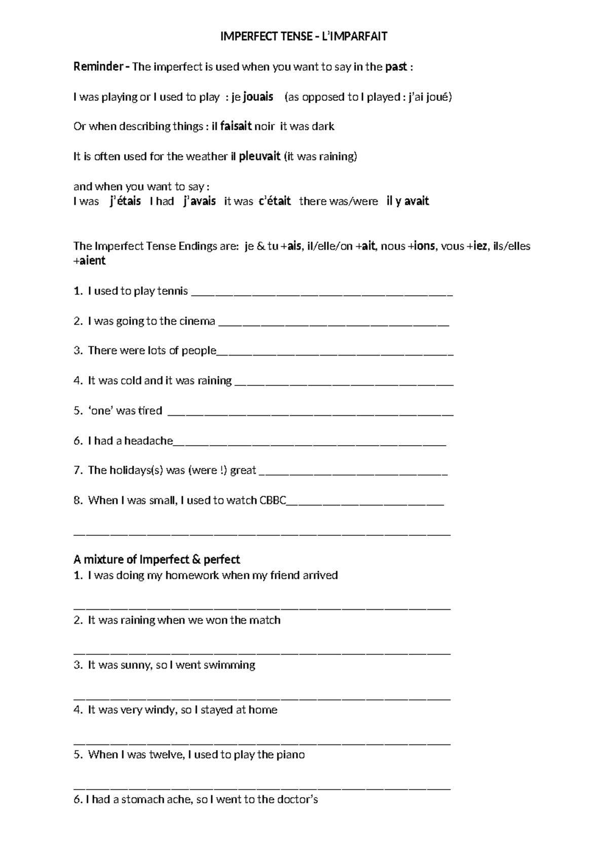 Imperfect Tensein French Limparfait-1 - IMPERFECT TENSE - L’IMPARFAIT ...