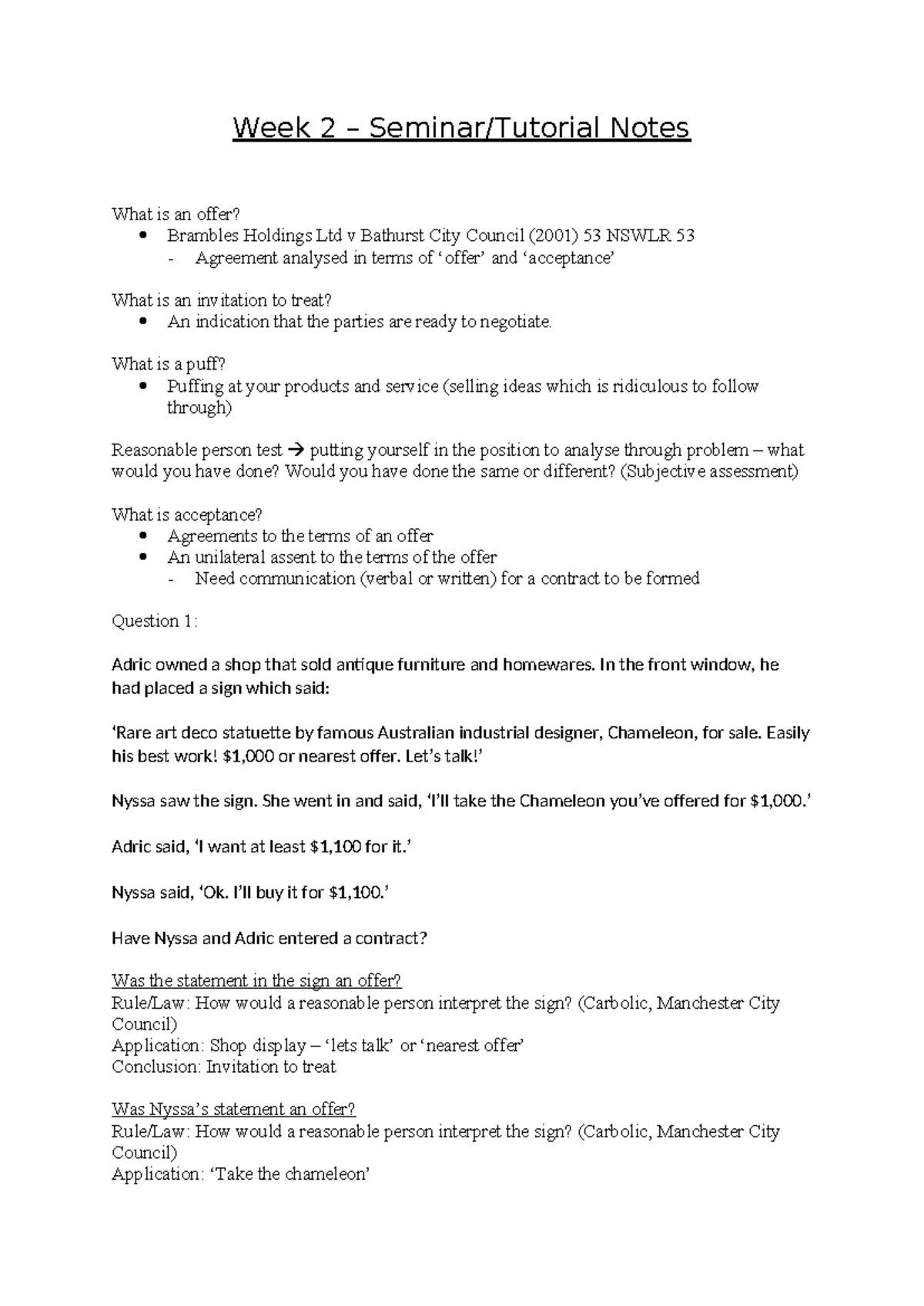 LAW101 Week 2 Seminar/Tutorial Notes: Offers, Invitations & Contracts ...