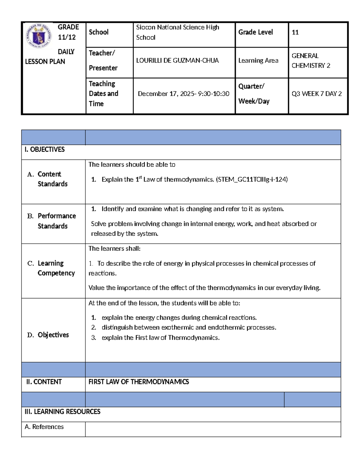 Grade 11 COT Q3 Lesson Plan: First Law of Thermodynamics in General ...