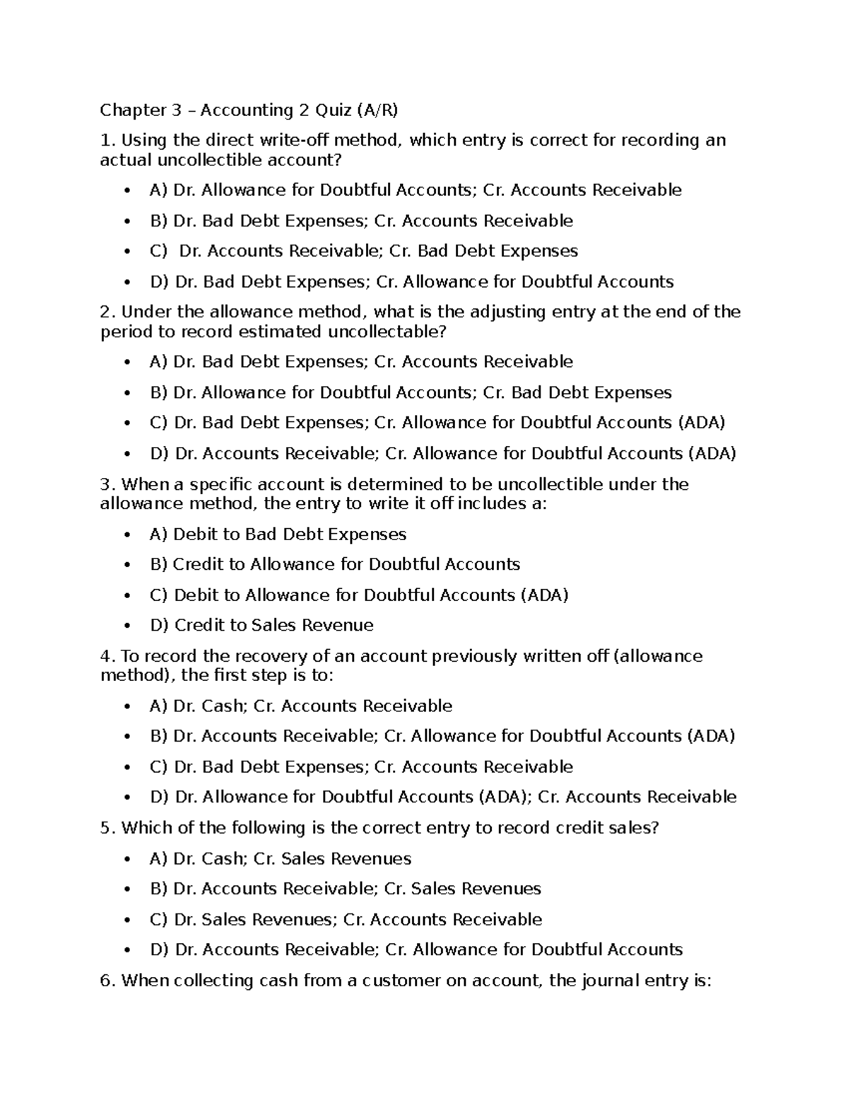 Chapter 2 Accounting 2 Quiz 1: Uncollectible Accounts & Allowance ...