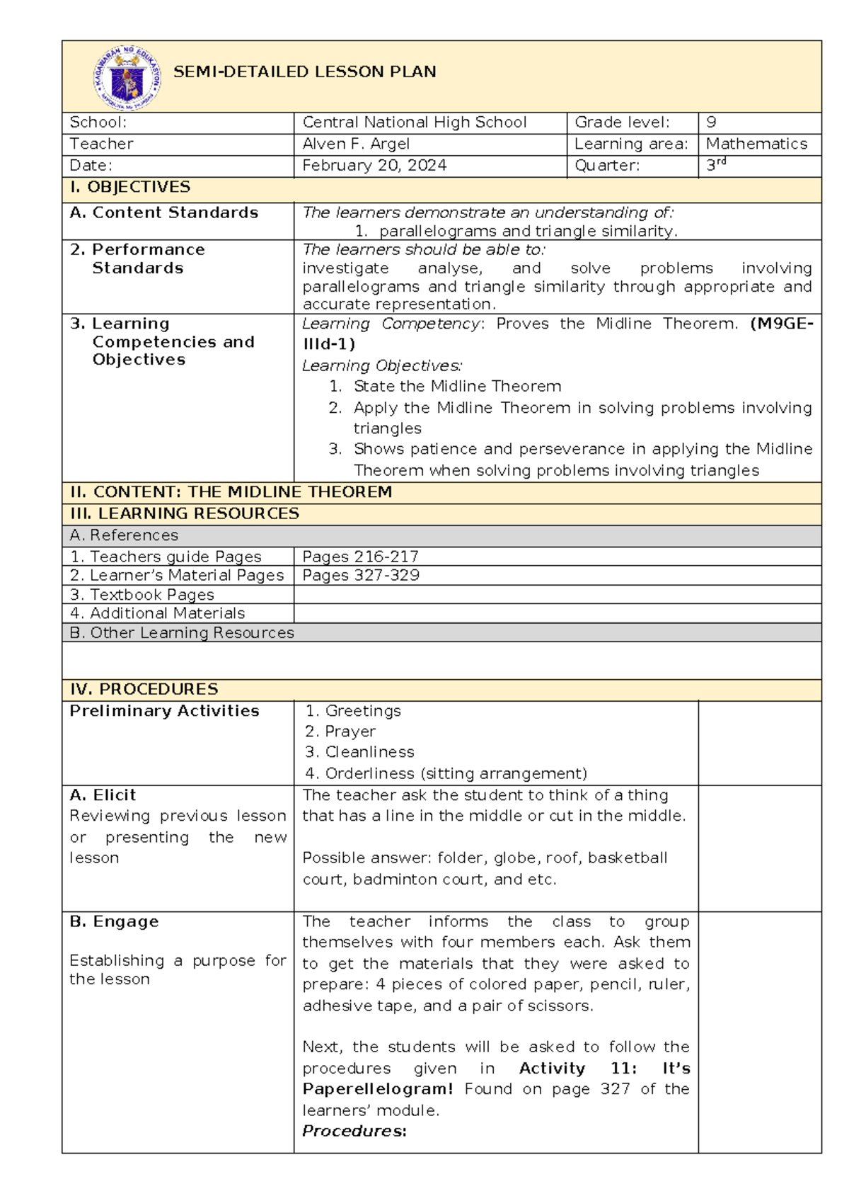 9MAT - Grade 9 - Lesson Plan on the Midline Theorem - Studocu
