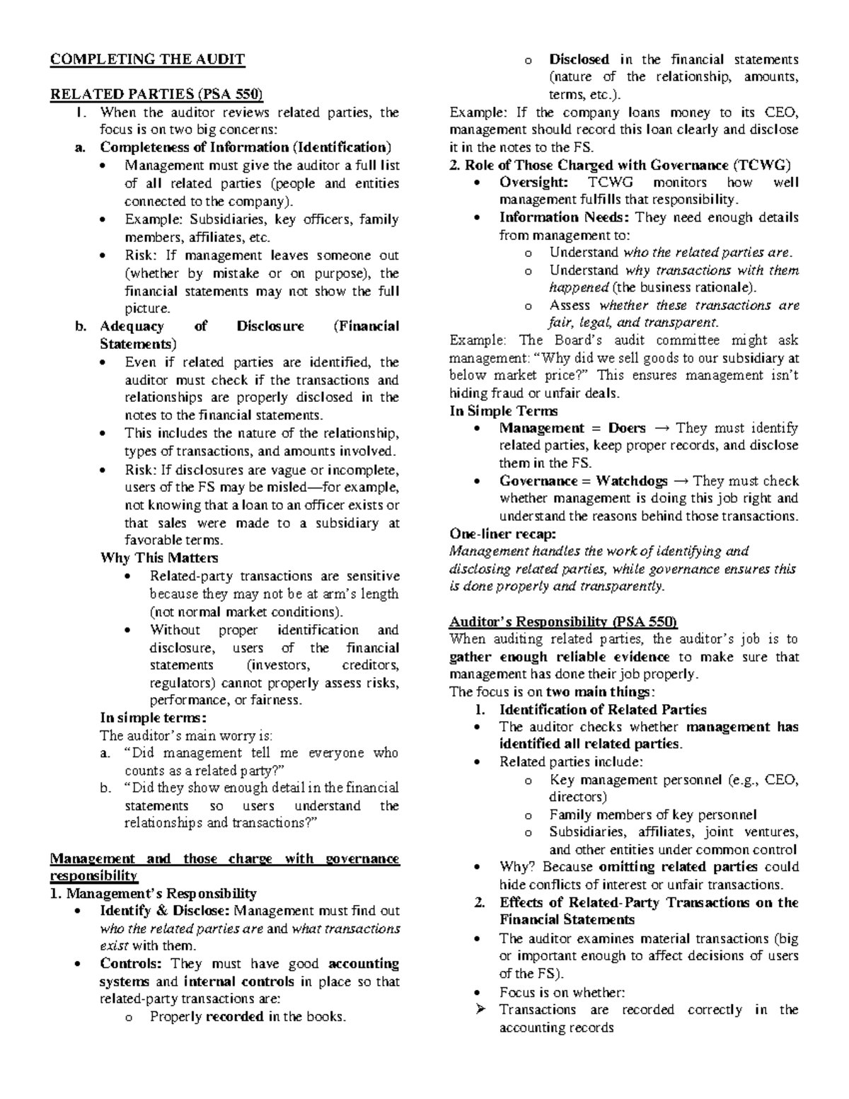 Completing the Audit of Related Parties (PSA 550) - Study Notes - Studocu