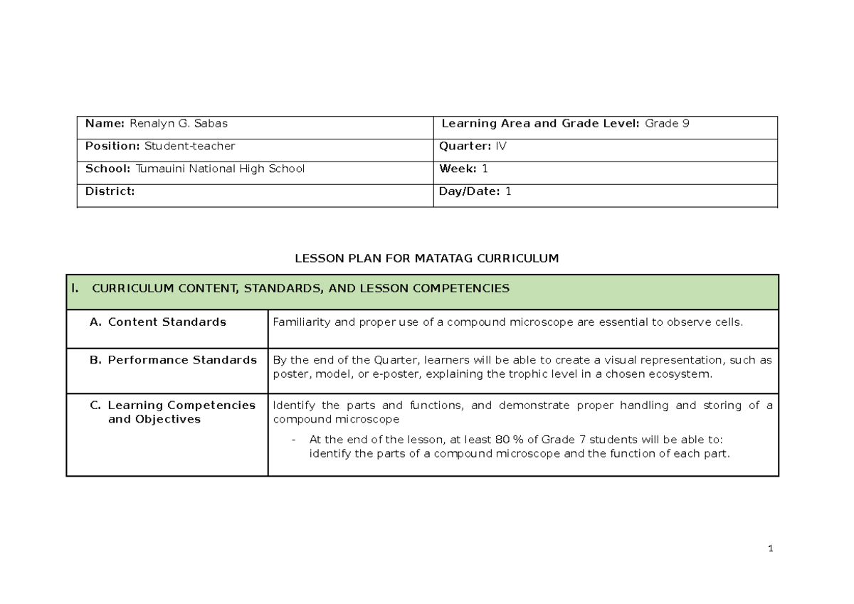 Lesson Plan for Matatag Curriculum in Grade 9: Exploring Microscopes - Studocu