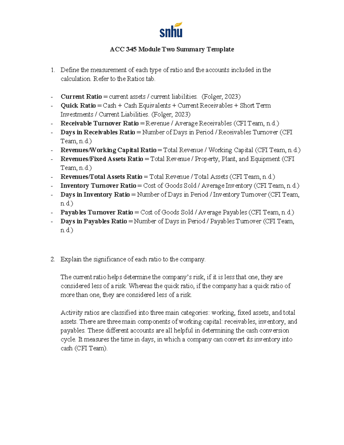 ACC 345 Module Two Ratio Analysis Summary Template - Studocu