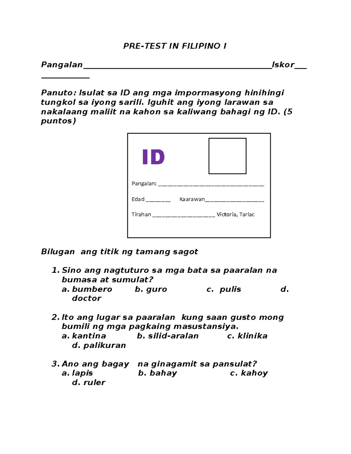 PRE-TEST Filipino I - Self-Information & Basic Questions - Studocu