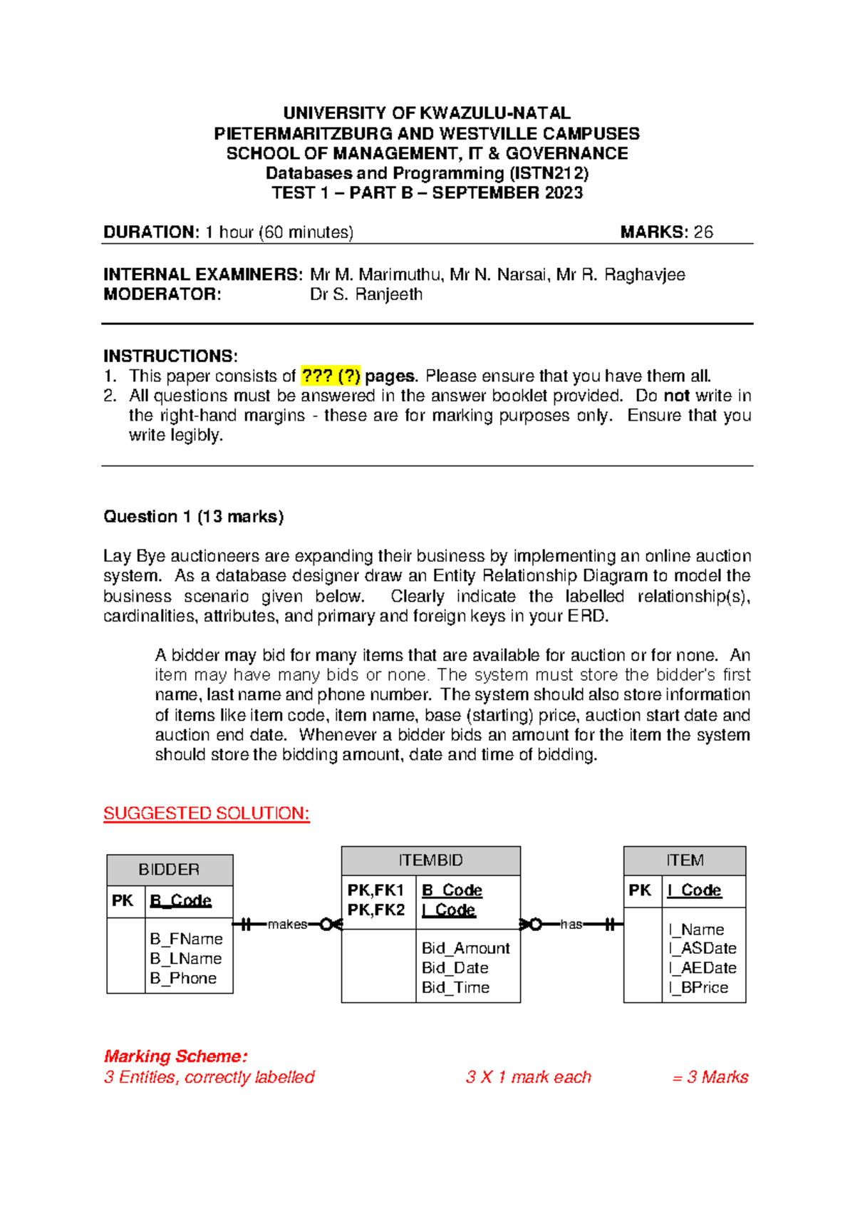 ISTN212 Test 1 Solutions - Database Design & SQL Queries (Sept 2023 ...