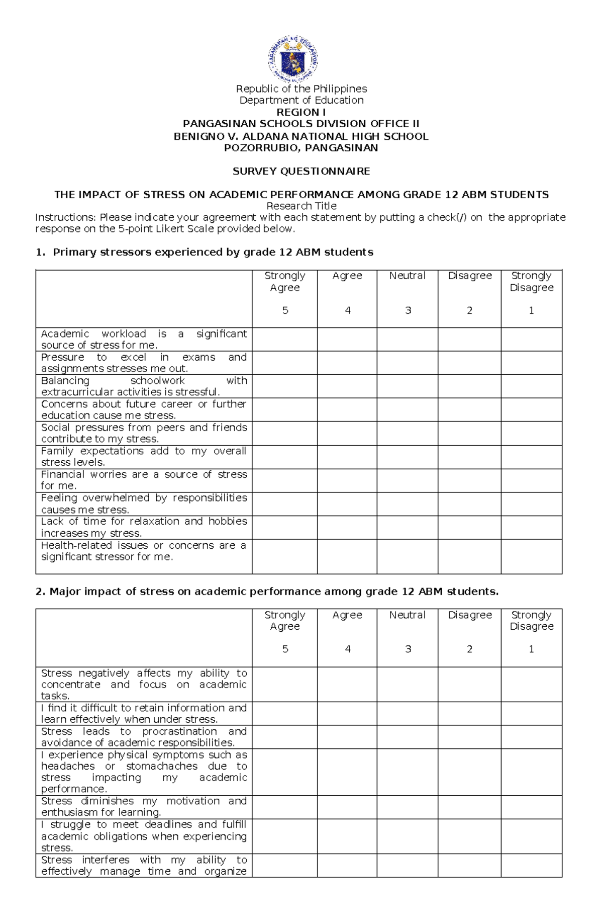 Survey Questionnaire III - Republic of the Philippines Department of ...