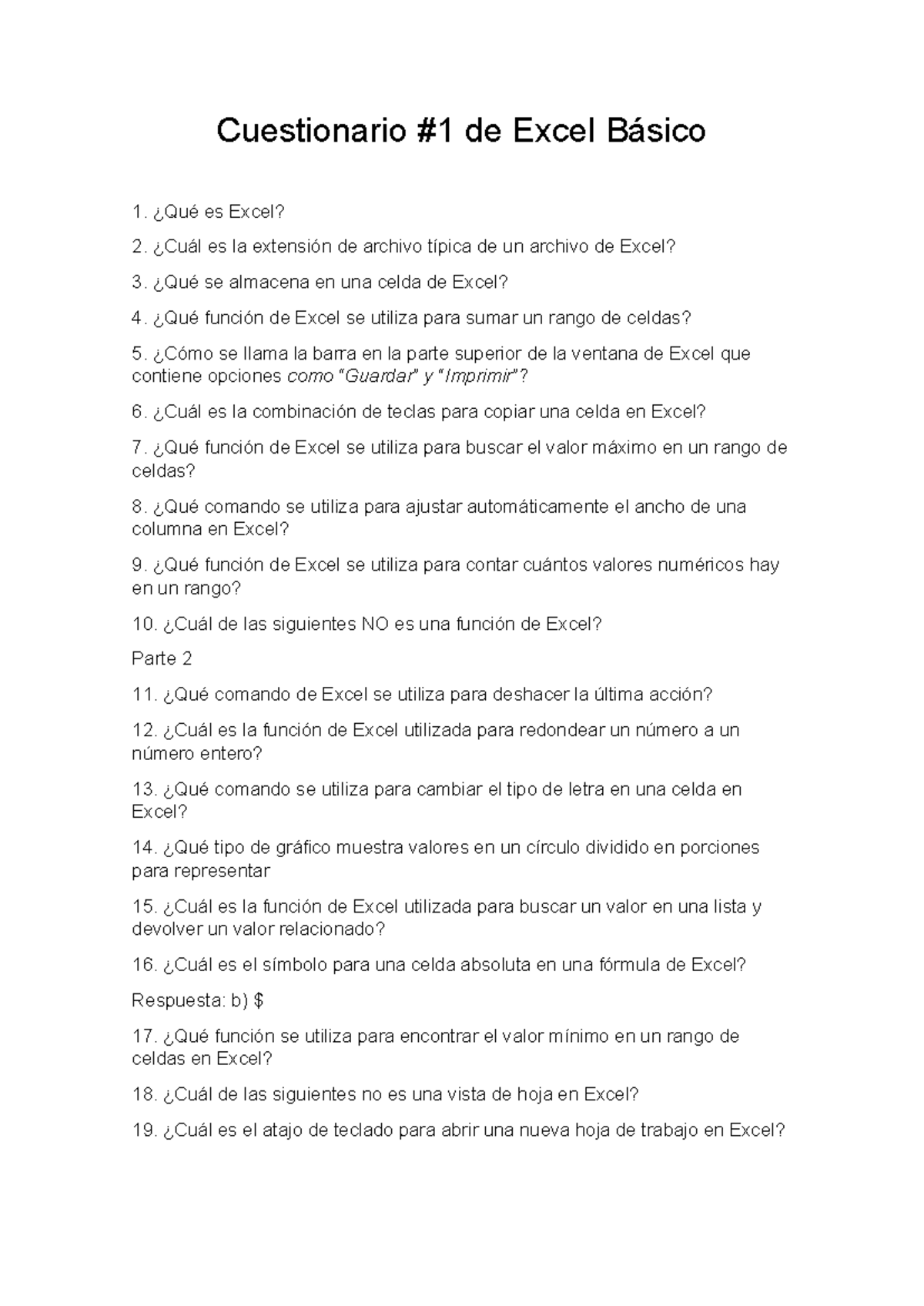 Cuestionario de Excel Básico 1 - Preguntas y Respuestas - Studocu