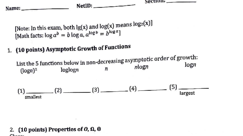 CS 344 F25 Algos Exam 1 - Asymptotic Analysis and Sorting Concepts - Studocu