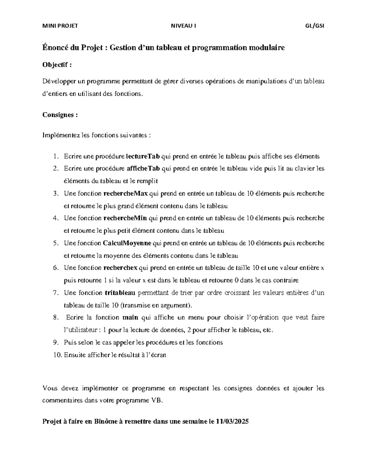 Gestion de Tableaux en VB - Projet N°3 (Niveau I) - Studocu