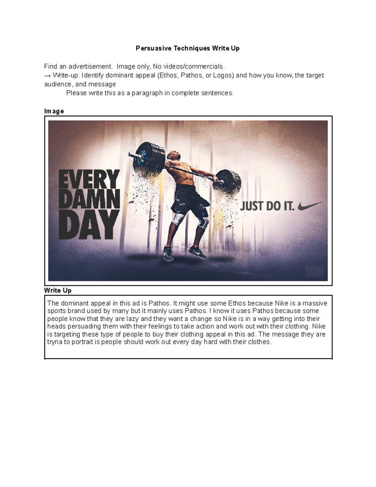 Persuasive Techniques Write-Up: Pathos in Nike Ad Analysis - Studocu