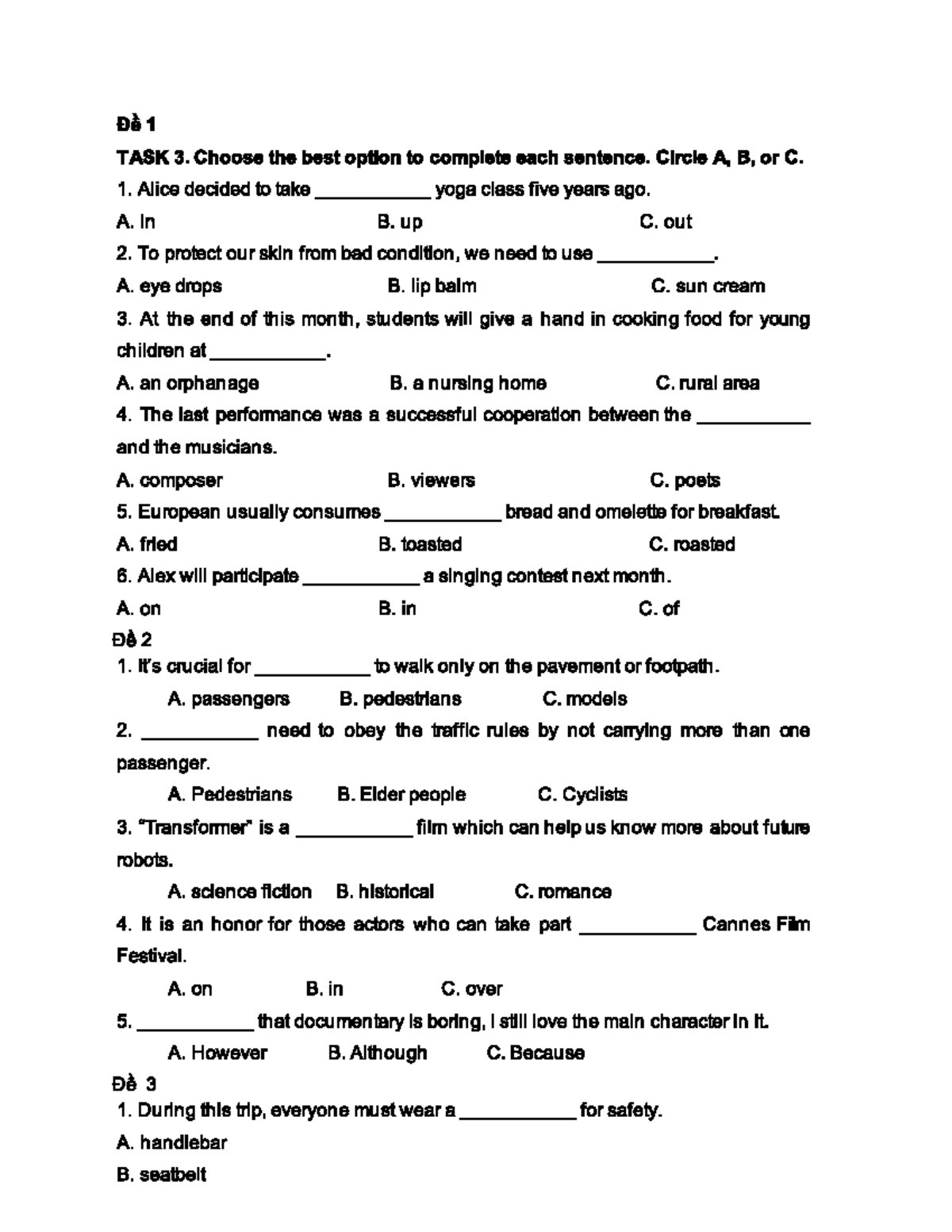 Anh 7 - TASK 3: Choose the Best Option for Each Sentence - Studocu