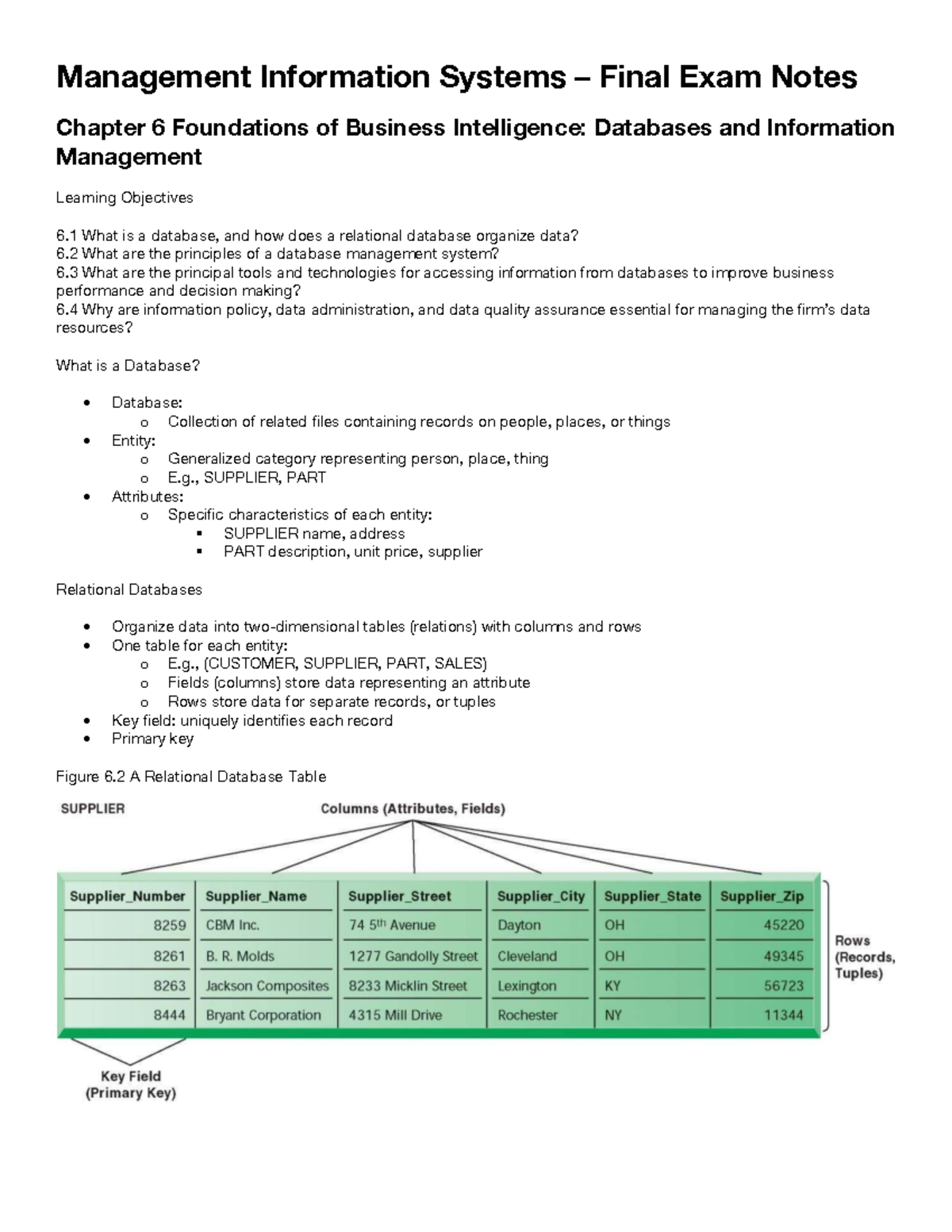 Management Information Systems (MIS) Final Exam Notes: Chapter 6 ...
