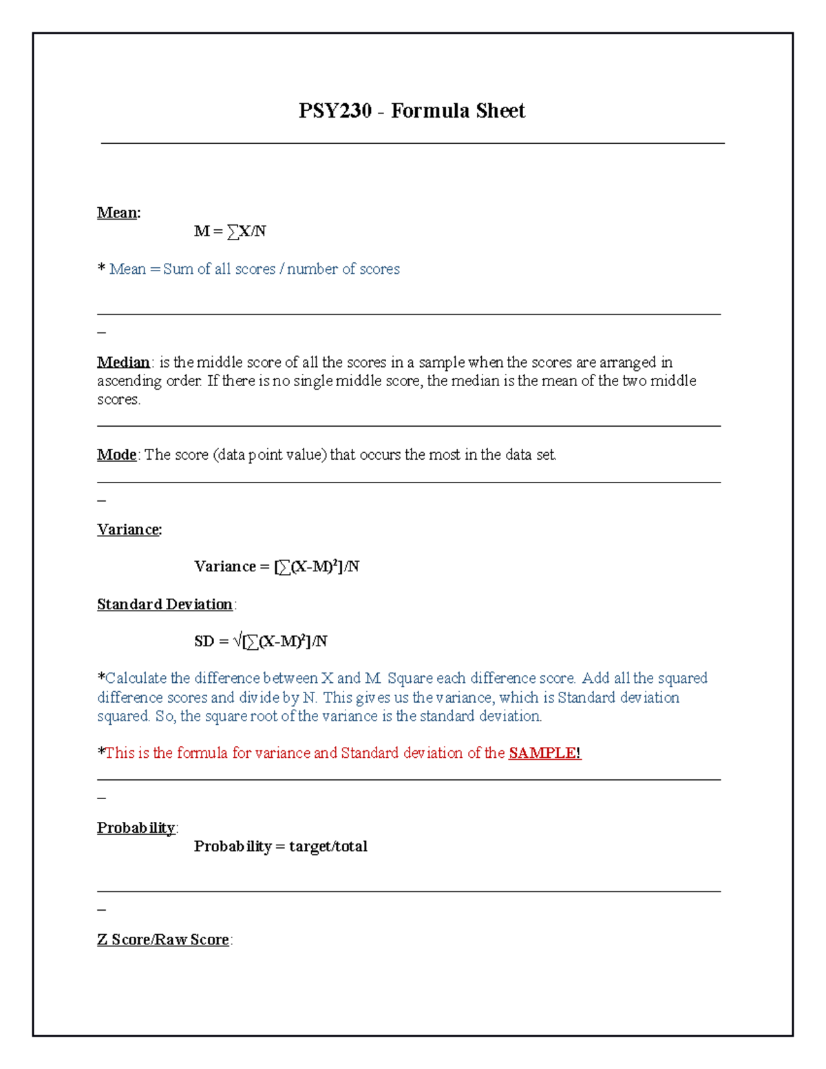 PSY230 - Statistics Formula Sheet for Understanding Key Concepts - Studocu