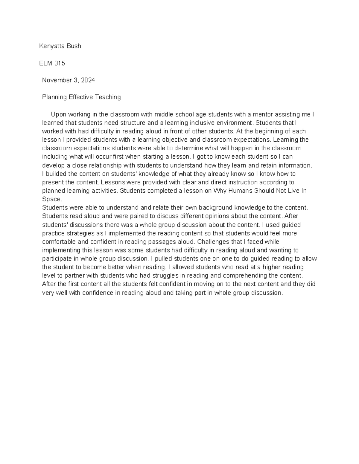 ELM 315 Coursework: Planning Effective Teaching Strategies in ...