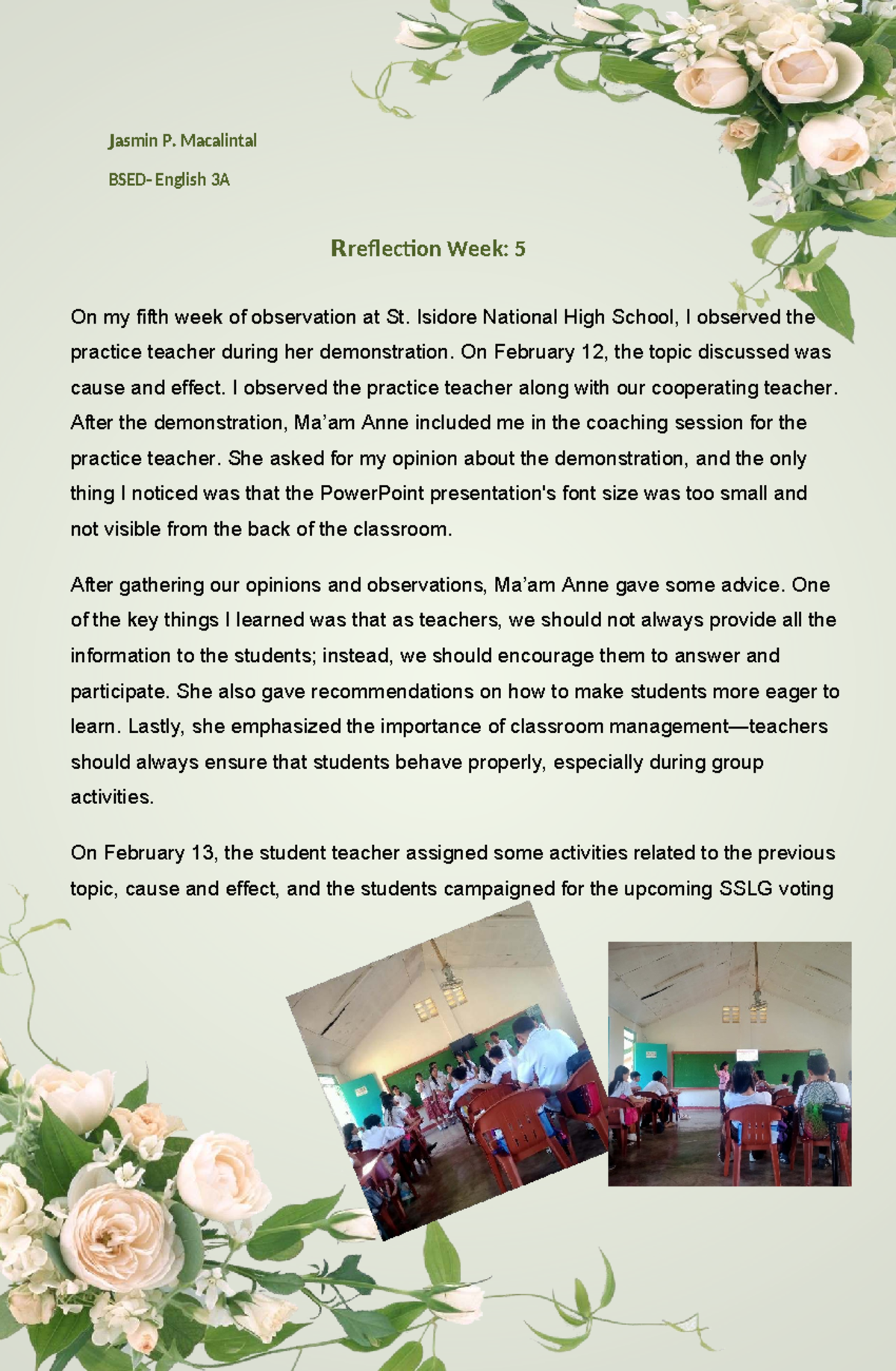 English 3A Reflection: Week 5 Observations at St. Isidore HS - Studocu