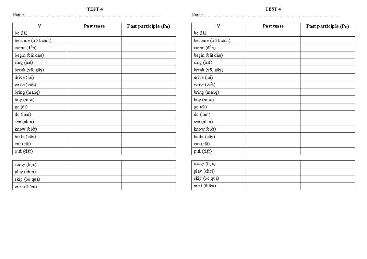 TEST ĐẦU GIỜ - 4: Past Tense & Past Participle Review - Studocu
