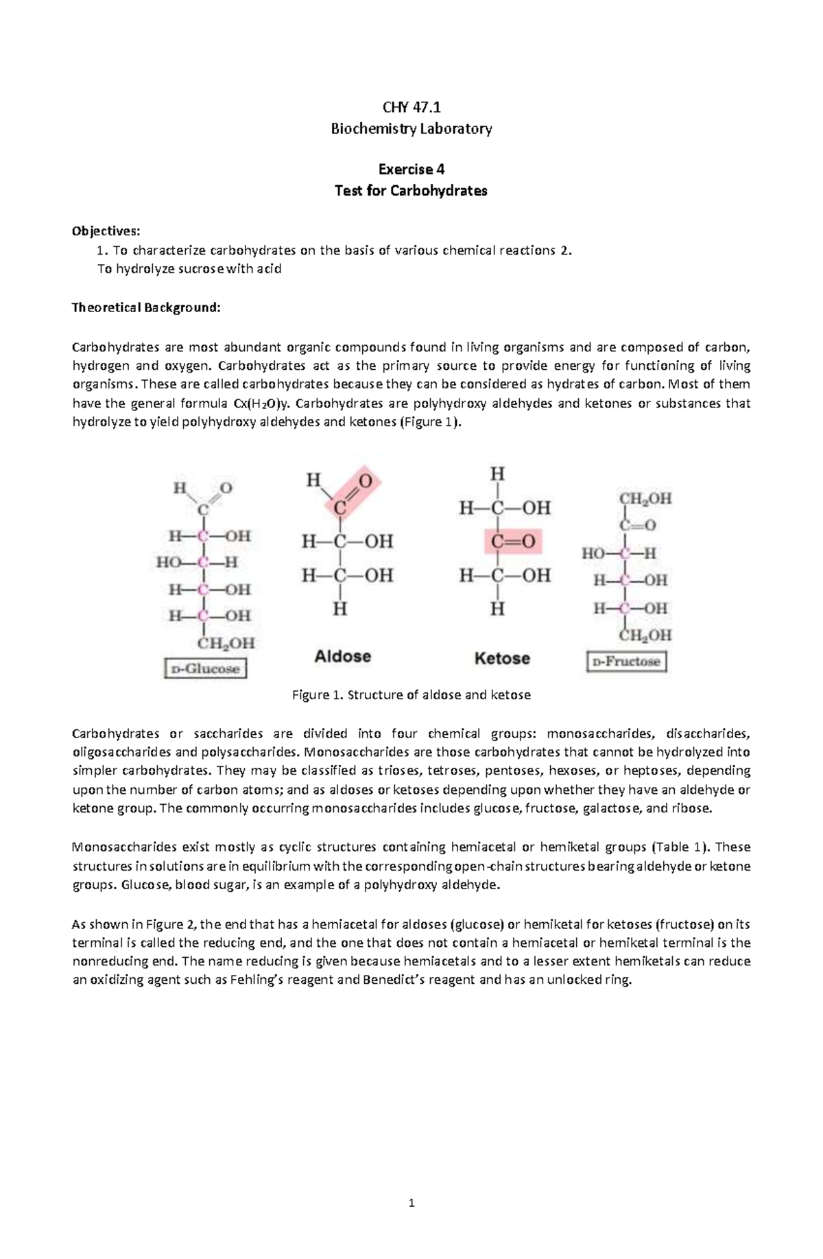 CHY 47: Biochemistry Lab Exercise 4 - Carbohydrate Testing Methods ...