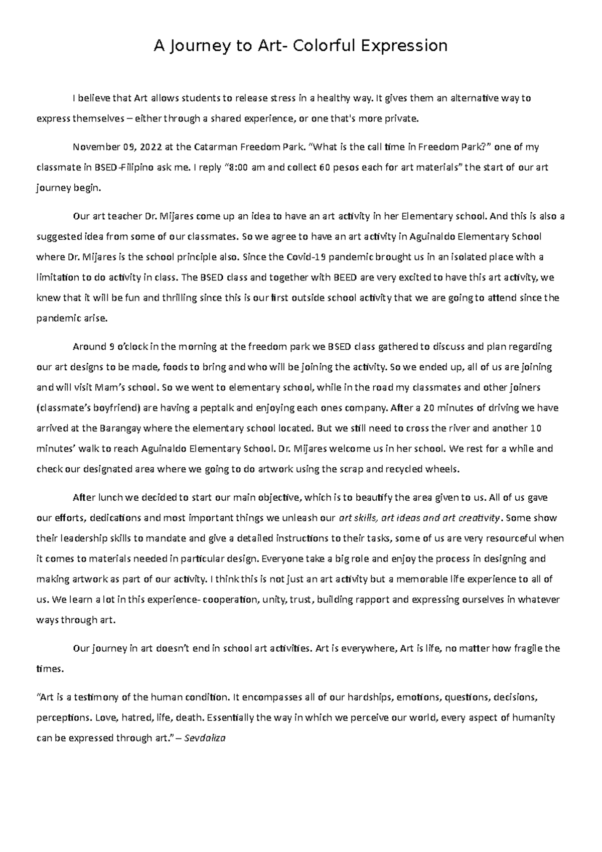 BSED2-FILIPINO: Narrative Report on Our Colorful Art Journey - Studocu