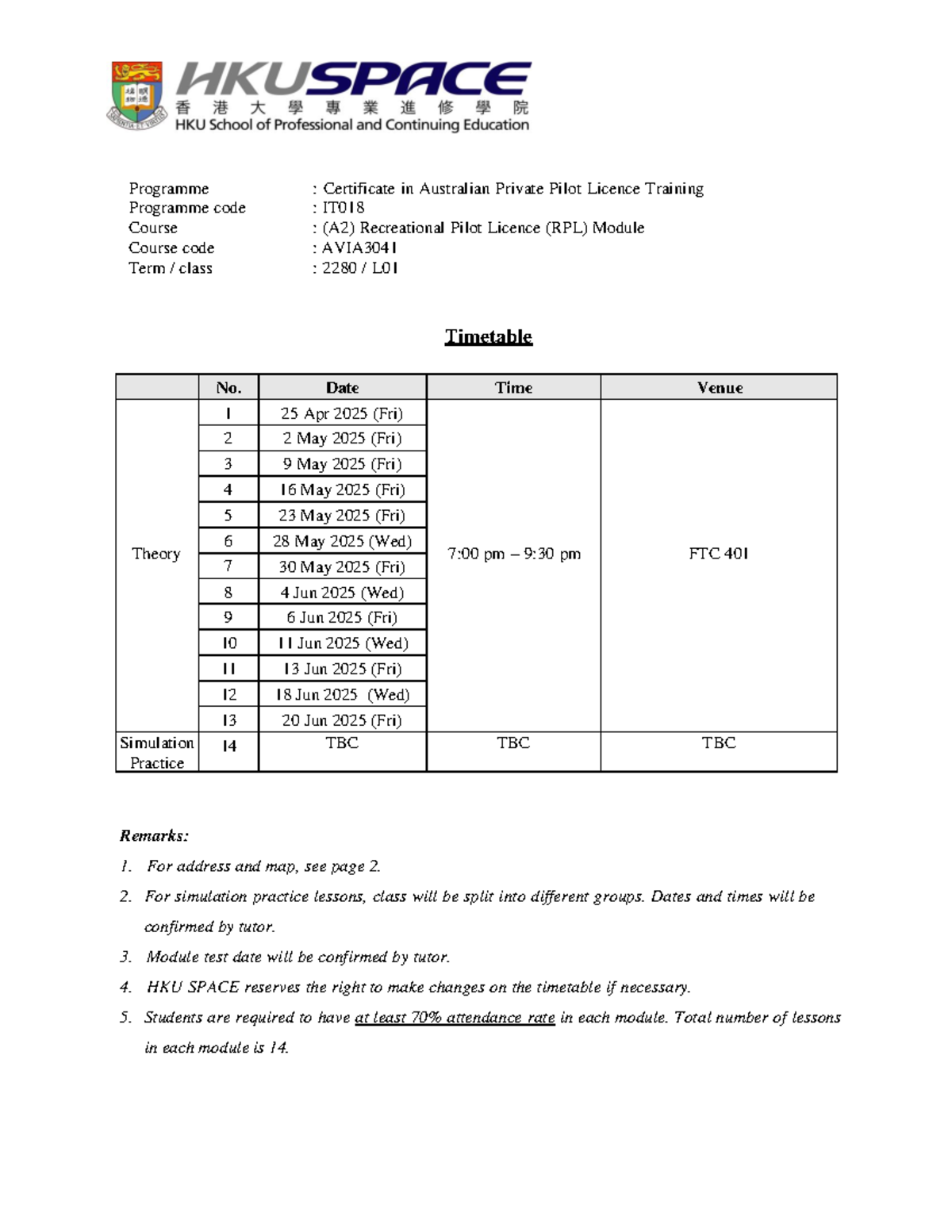 RPL Module AVIA3041 Timetable 2025 - IT018 (A2) - Studocu