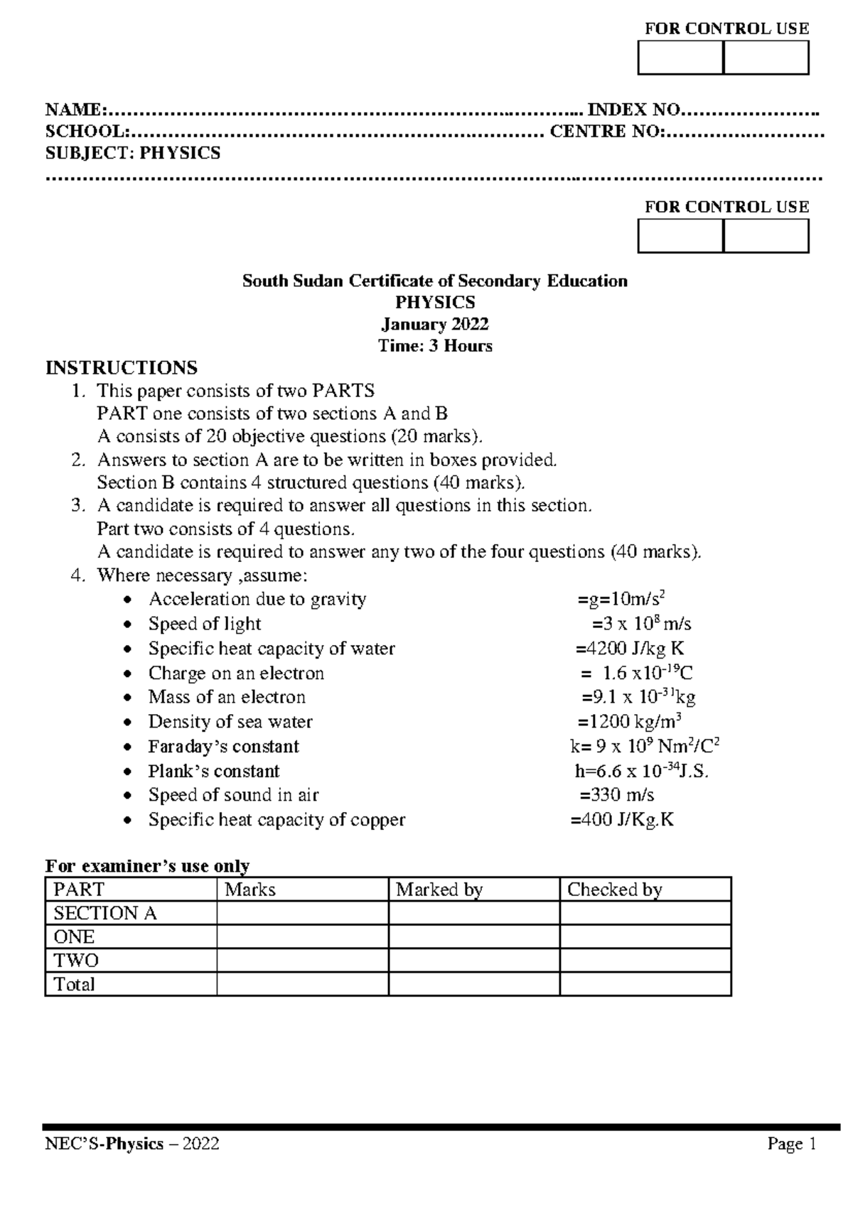 Physics - January 2022 Exam Paper (S. Sudan Cert) - Studocu