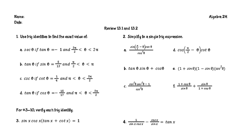 Algebra 2H Final Exam Review: Trig Identities & Simplifications - Studocu