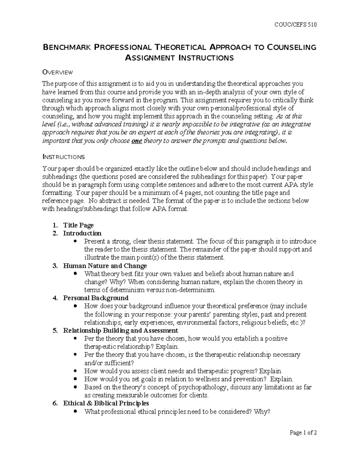 COUC/CEFS 510: Benchmark Theoretical Approach to Counseling Assignment ...