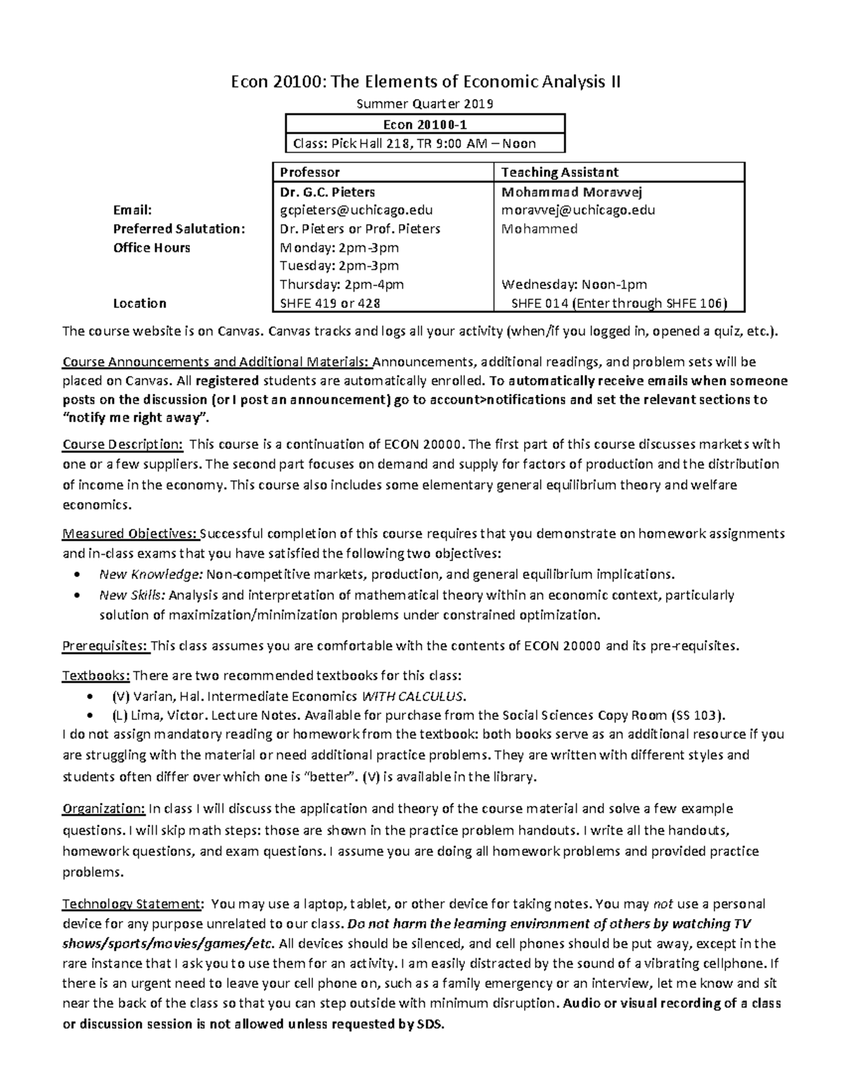 Econ 20100: Syllabus for Economic Analysis II - Summer 2019 - Studocu