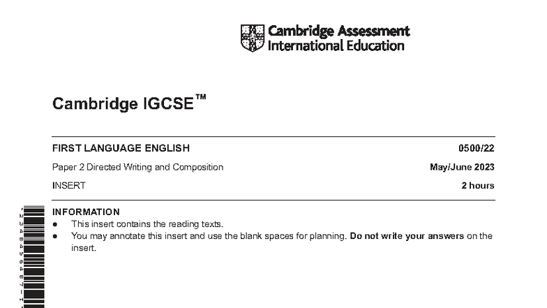 Cambridge 0500 FIRST LANGUAGE ENGLISH Paper 2 Directed Writing 2023 ...