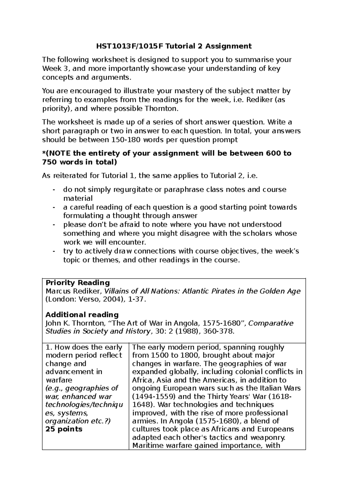 HST1013F Tutorial 2 Assignment: Key Themes of Early Modern Warfare ...
