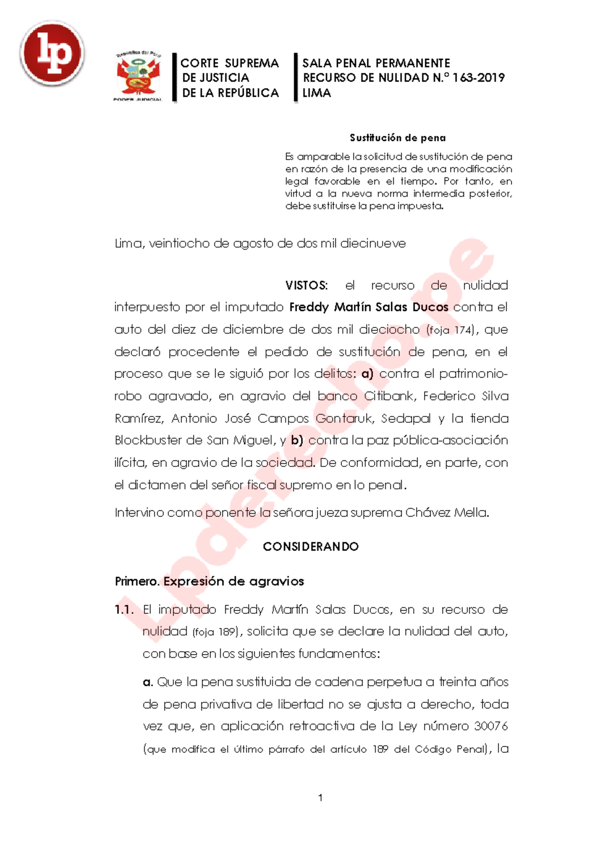 RN 163 2019 Lima - Análisis de Sustitución de Pena en Caso Salas Ducos ...