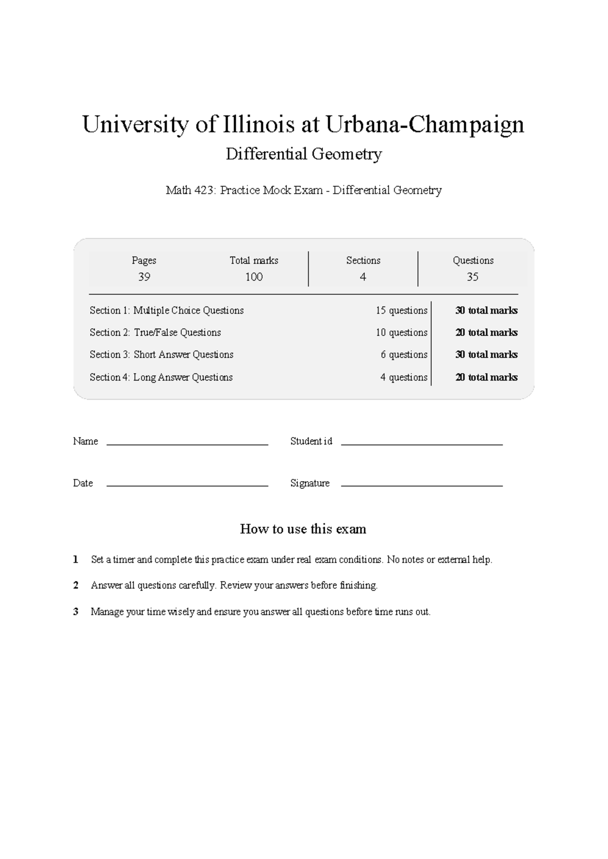 MATH 423 Differential Geometry: Practice Mock Exam 2026 - Studocu