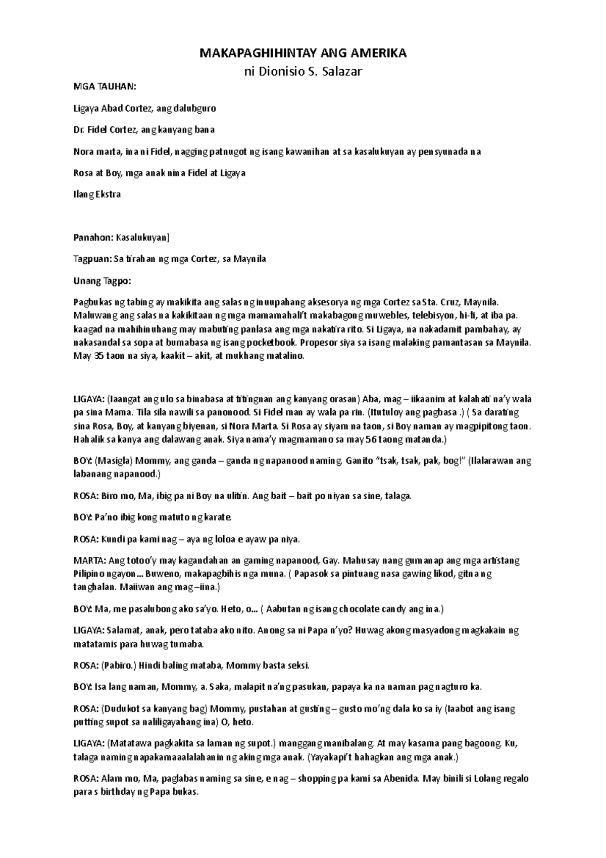 Makapaghihintay ANG Amerika - MAKAPAGHIHINTAY ANG AMERIKA ni Dionisio S. Salazar MGA TAUHAN ...