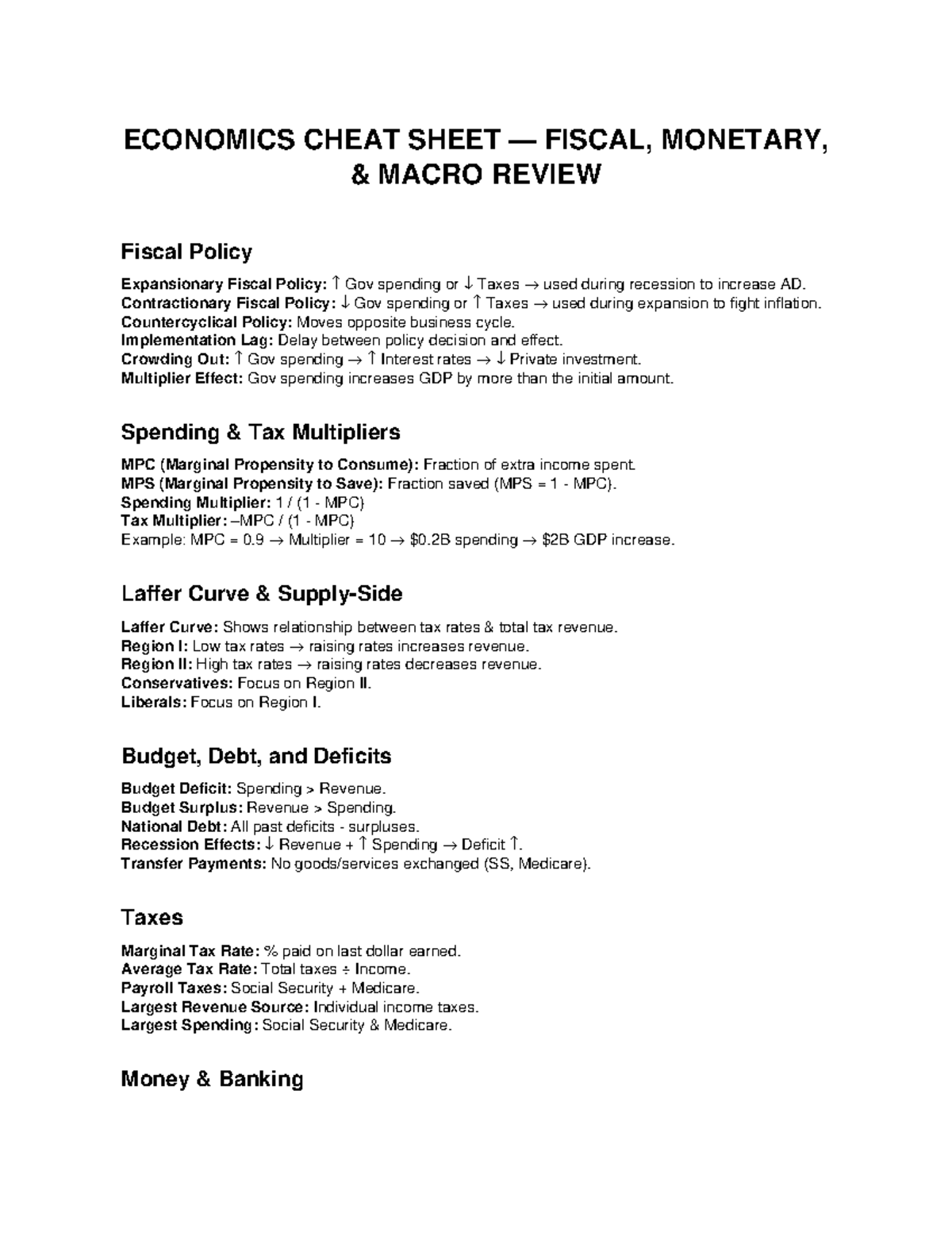 ECON 101: Fiscal & Monetary Policy Cheat Sheet Review - Studocu