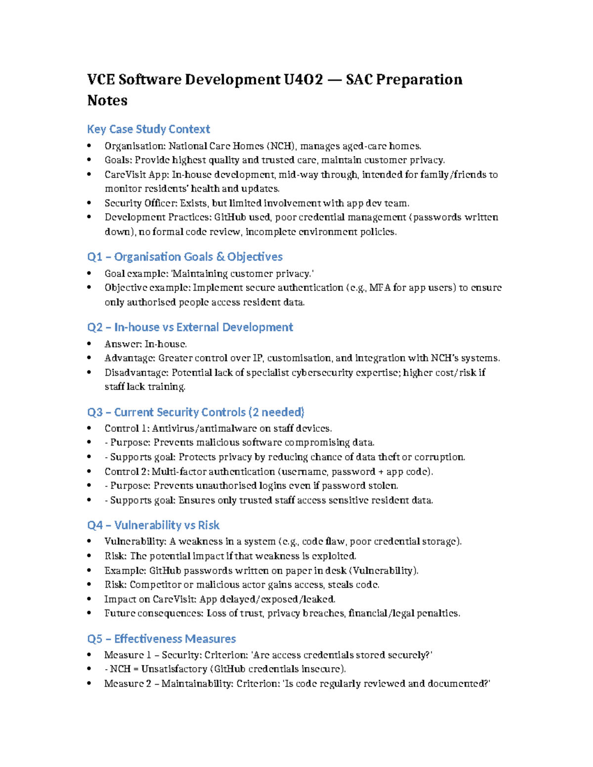 VCE Software Development U4O2 SAC Revision Notes on NCH Case Study ...