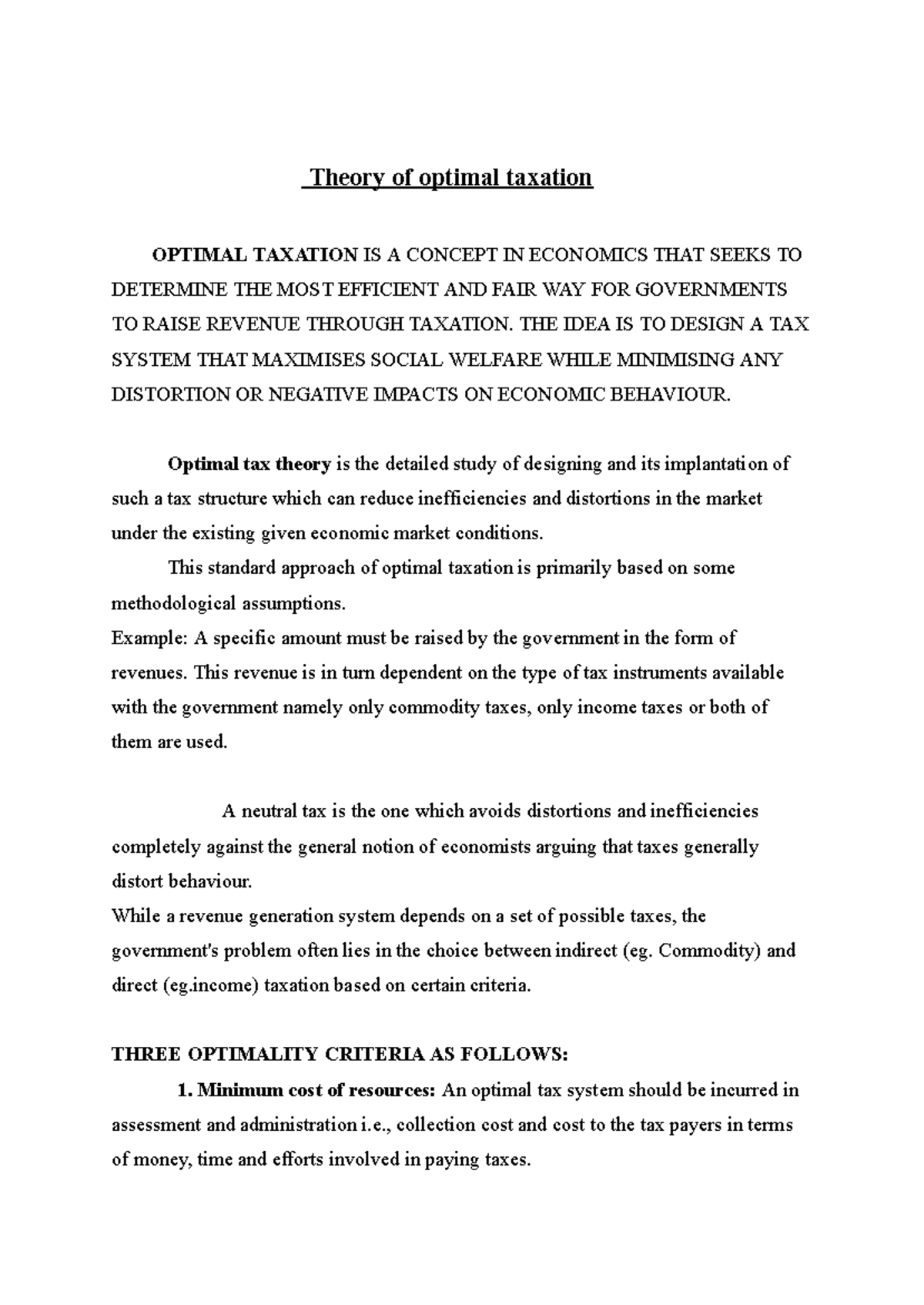Theory of Optimal Taxation: Key Concepts and Criteria Explained - Studocu