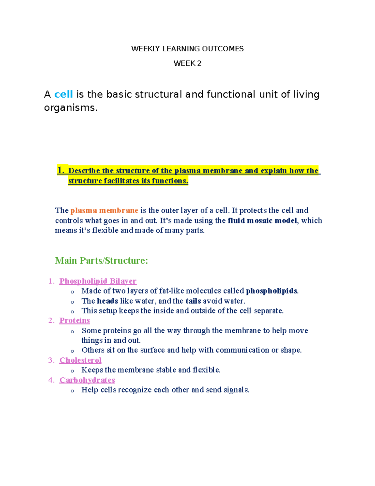 WEEK 2 Study Notes: Cell Structure & Function Overview - Studocu