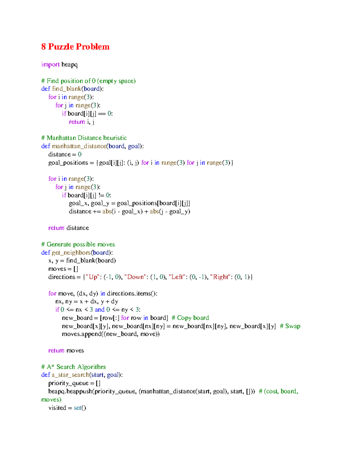 8 Puzzle Problem: A* Search Algorithm Implementation - Studocu