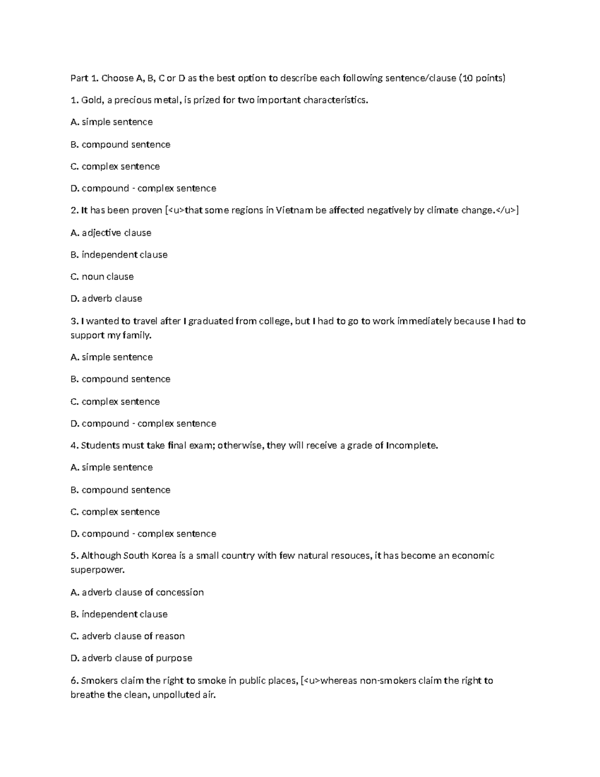 Part 1 - Quiz on Sentence Structure and Error Correction (ENG101) - Studocu
