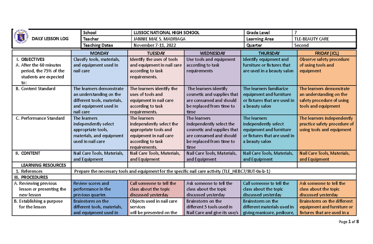 DLL-grade 7 q2 week 1 - daily lesson log - DAILY LESSON LOG School ...