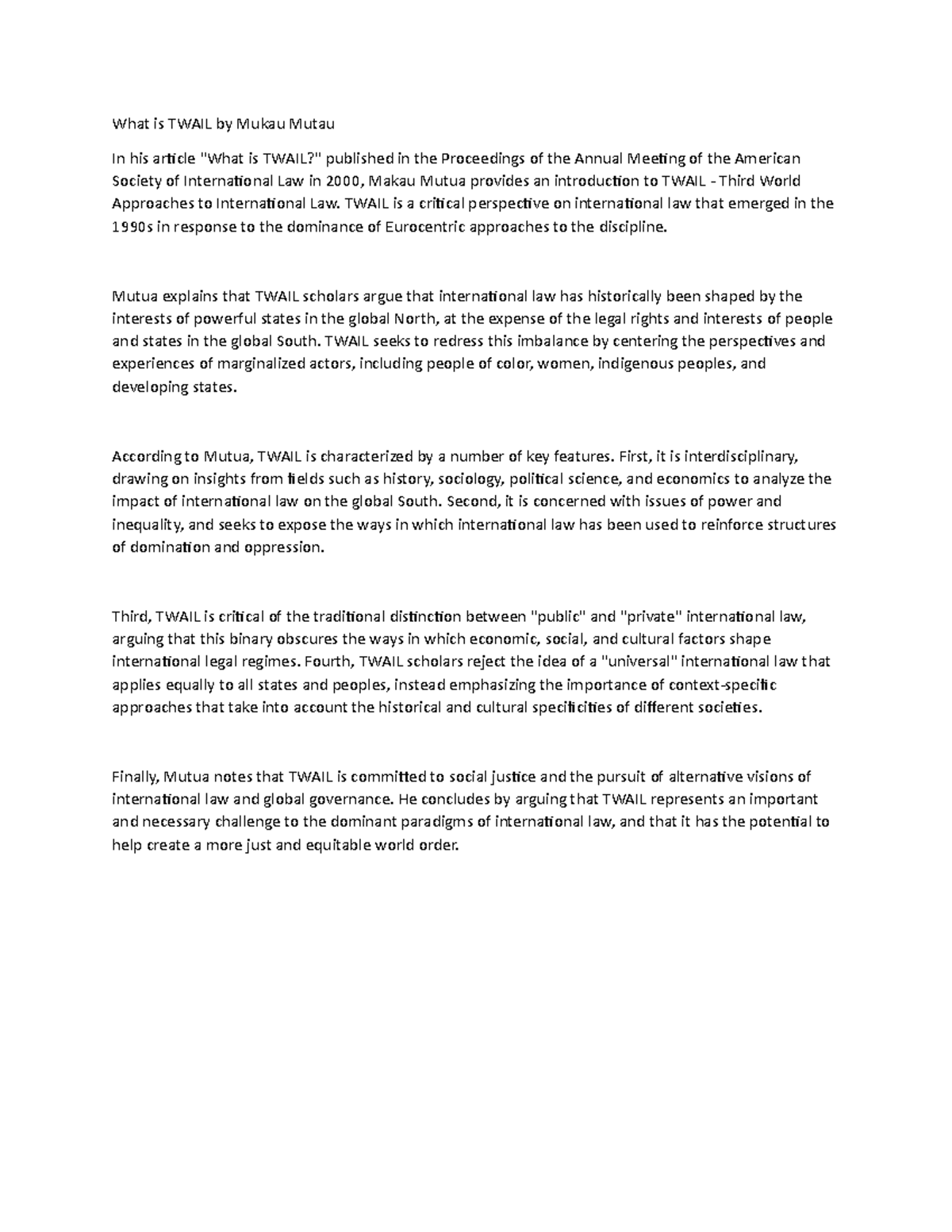 TWAIL Overview: Key Insights from Mukau Mutua's Article Summary - Studocu