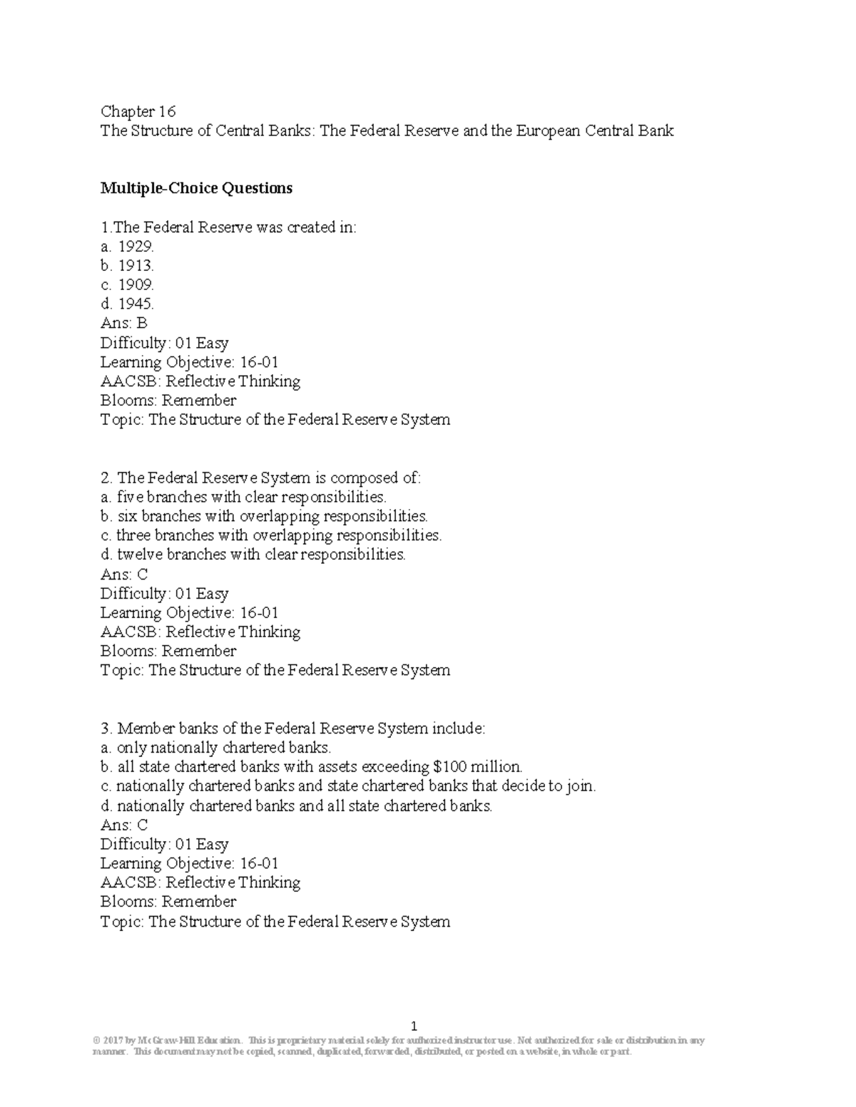 Cecchetti 5e Chapter 16 Test Bank - Chapter 16 The Structure of Central ...