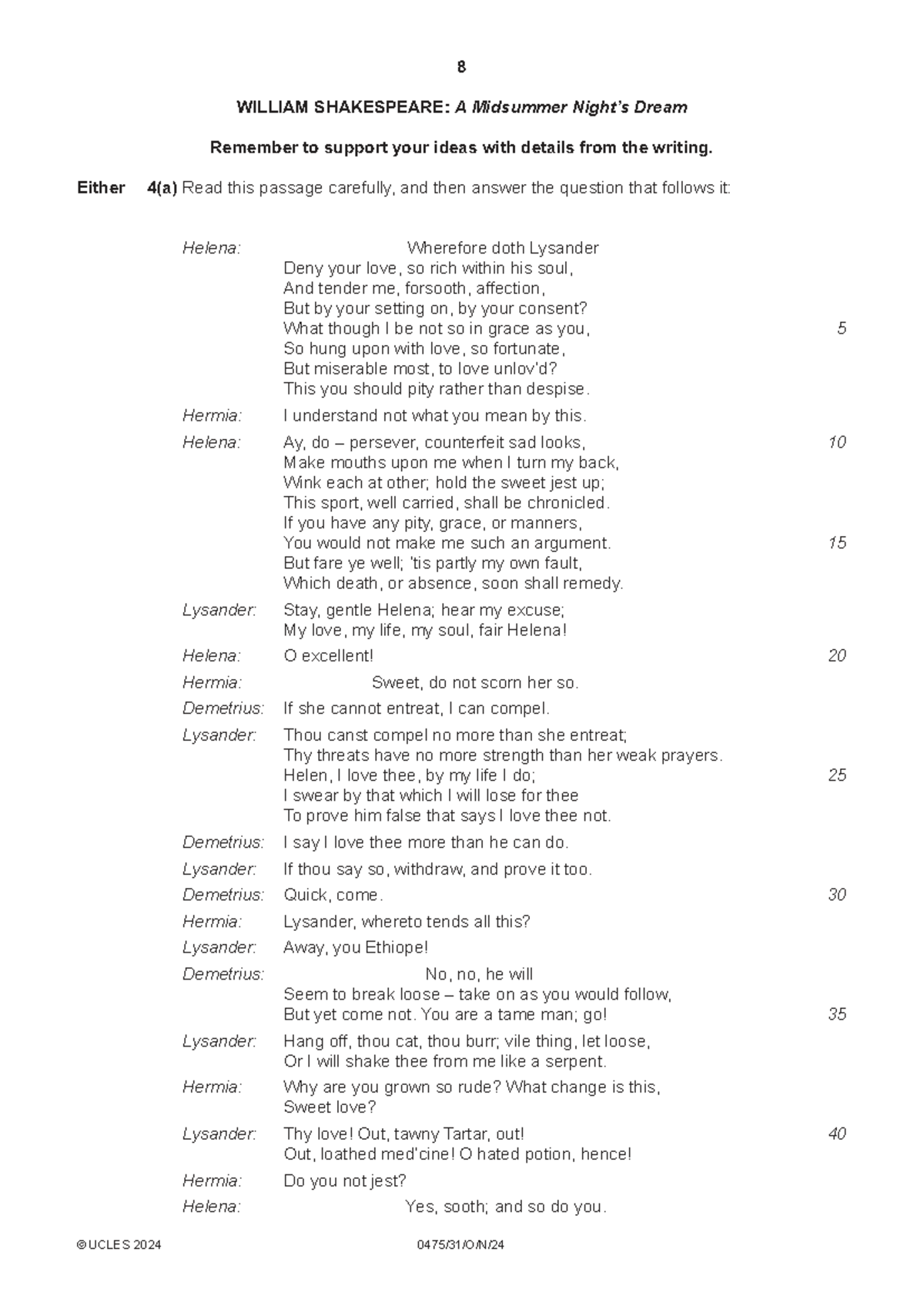 0475 W24 QP 31 - CIE IGCSE: A Midsummer Night's Dream Analysis - Studocu
