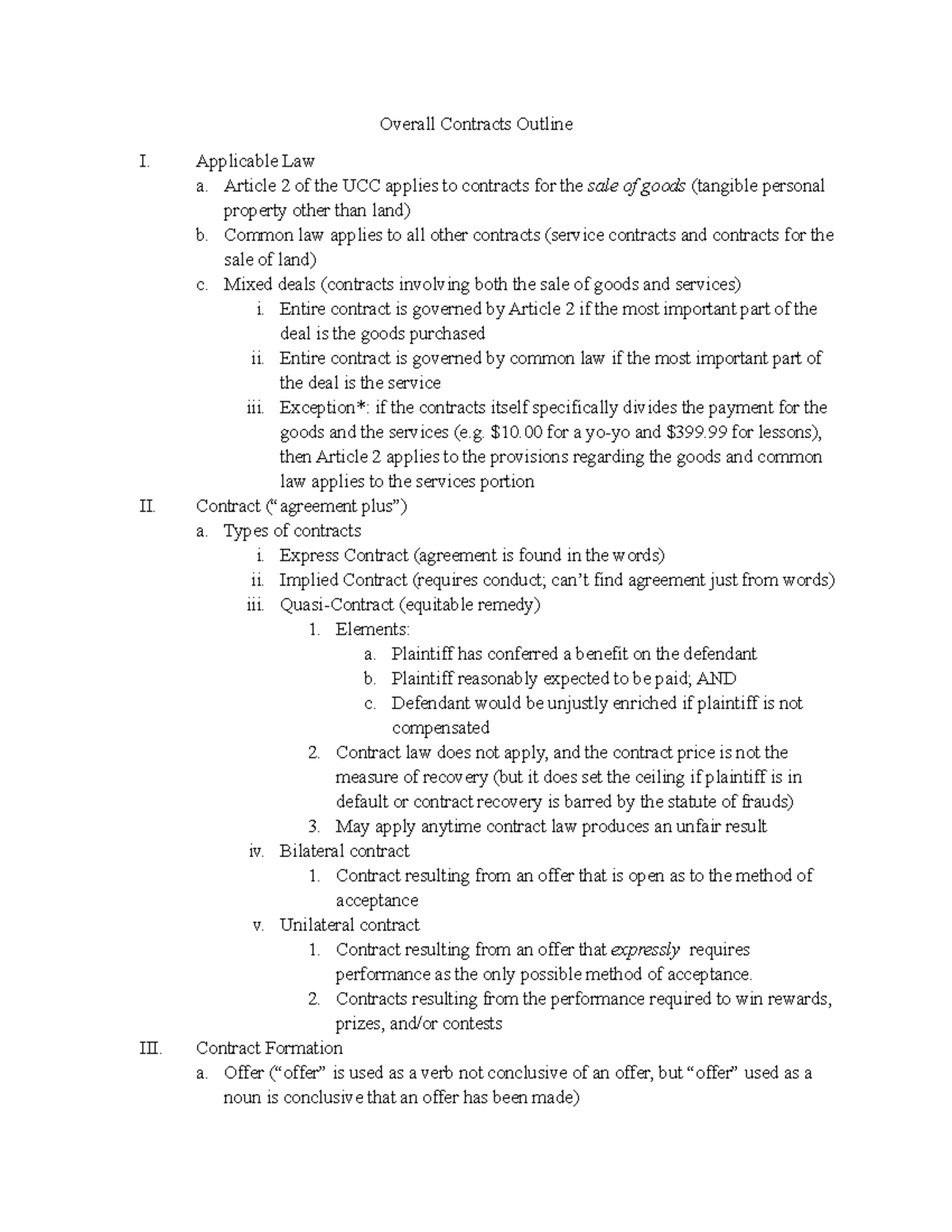Contracts Outline: Key Principles and Applicable Laws - Studocu