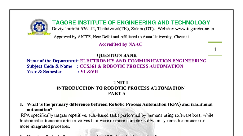 CCS361 RPA - Comprehensive Unit Notes for Robotic Process Automation ...