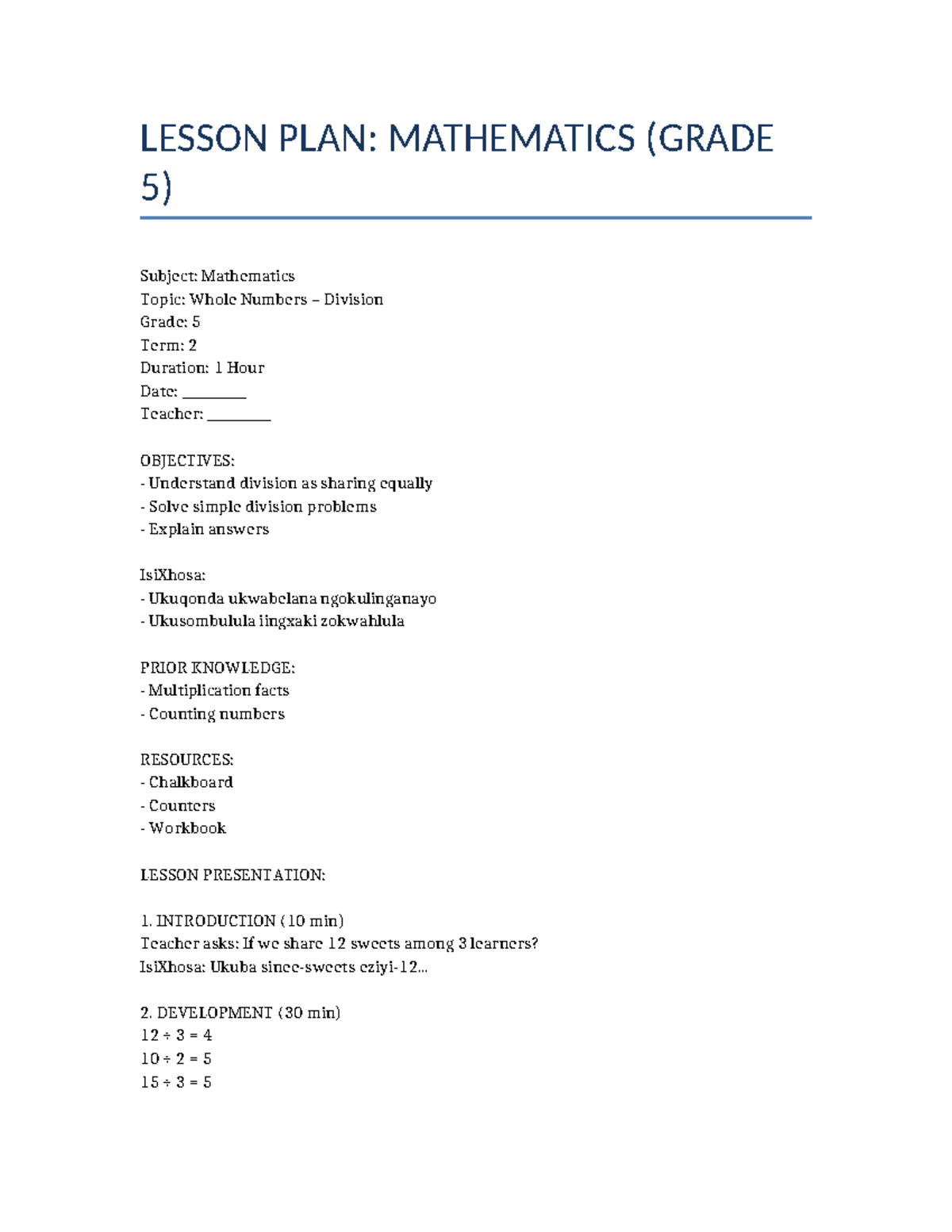 Grade 5 Mathematics Lesson Plan: Whole Numbers Division - Studocu