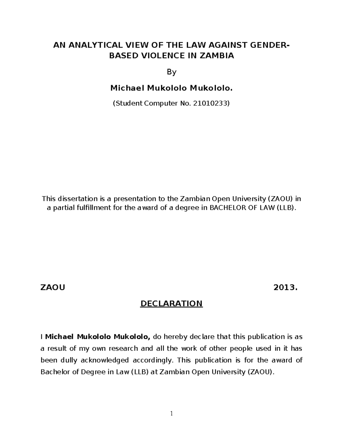 AN ANALYTICAL STUDY ON ZAMBIA'S GENDER-BASED VIOLENCE LAWS (LLB) - Studocu