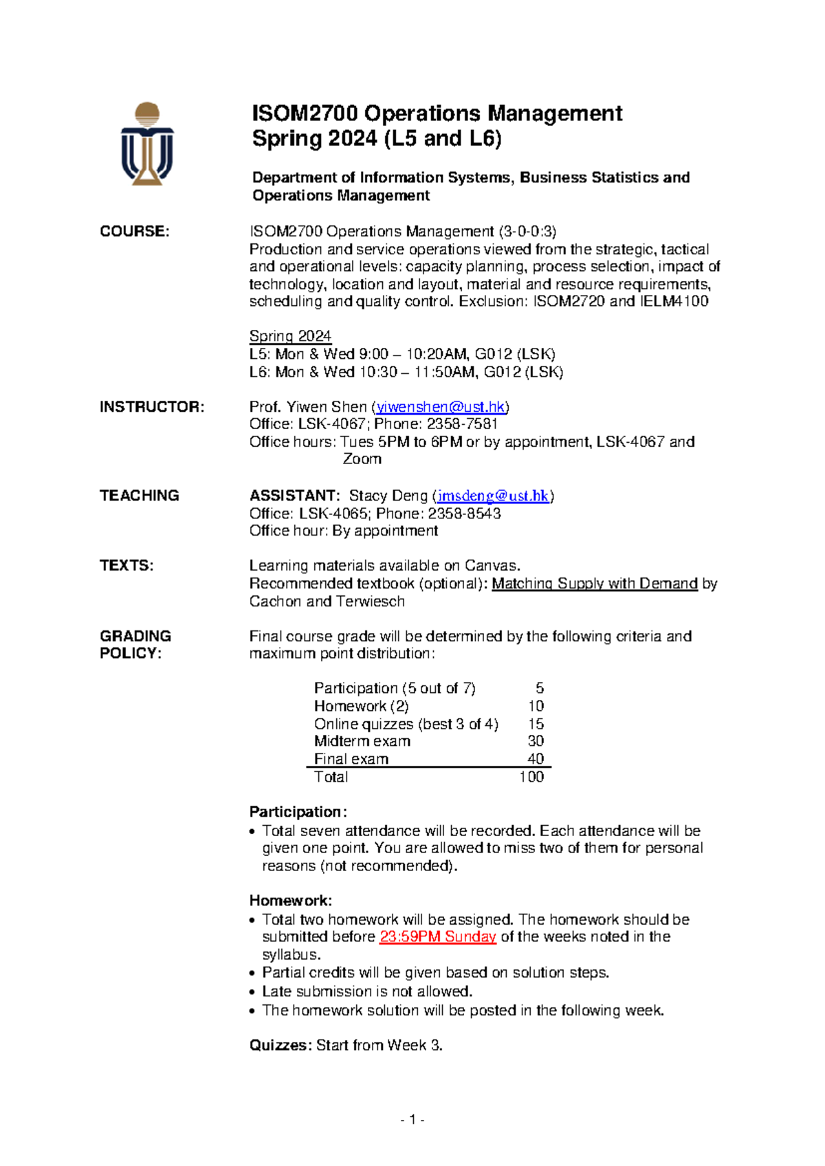 Syllabus OM 2024 Spring L5 L6 - ISOM 2700 Operations Management Spring ...