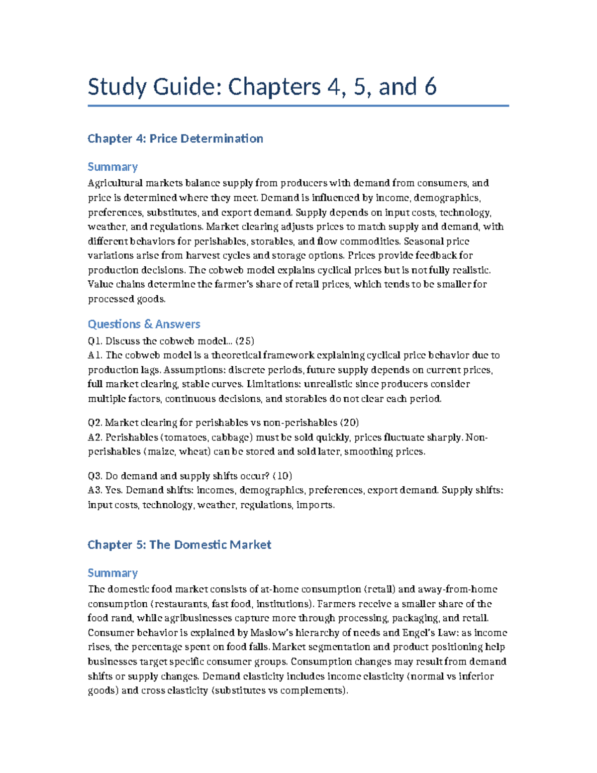 Study Guide: Ch 4-6 Summary for Agricultural Markets Analysis - Studocu