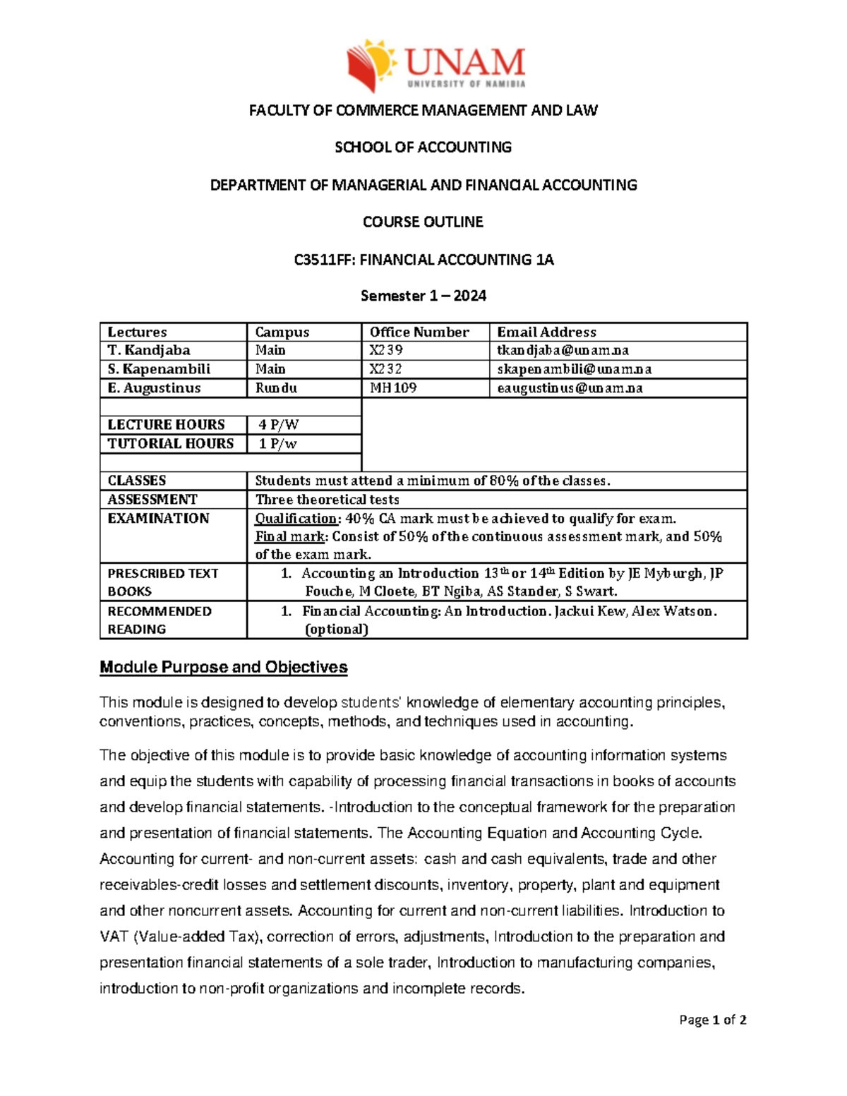 Course Outline - C3511FF: Financial Accounting 1A - Semester 1 2024 ...
